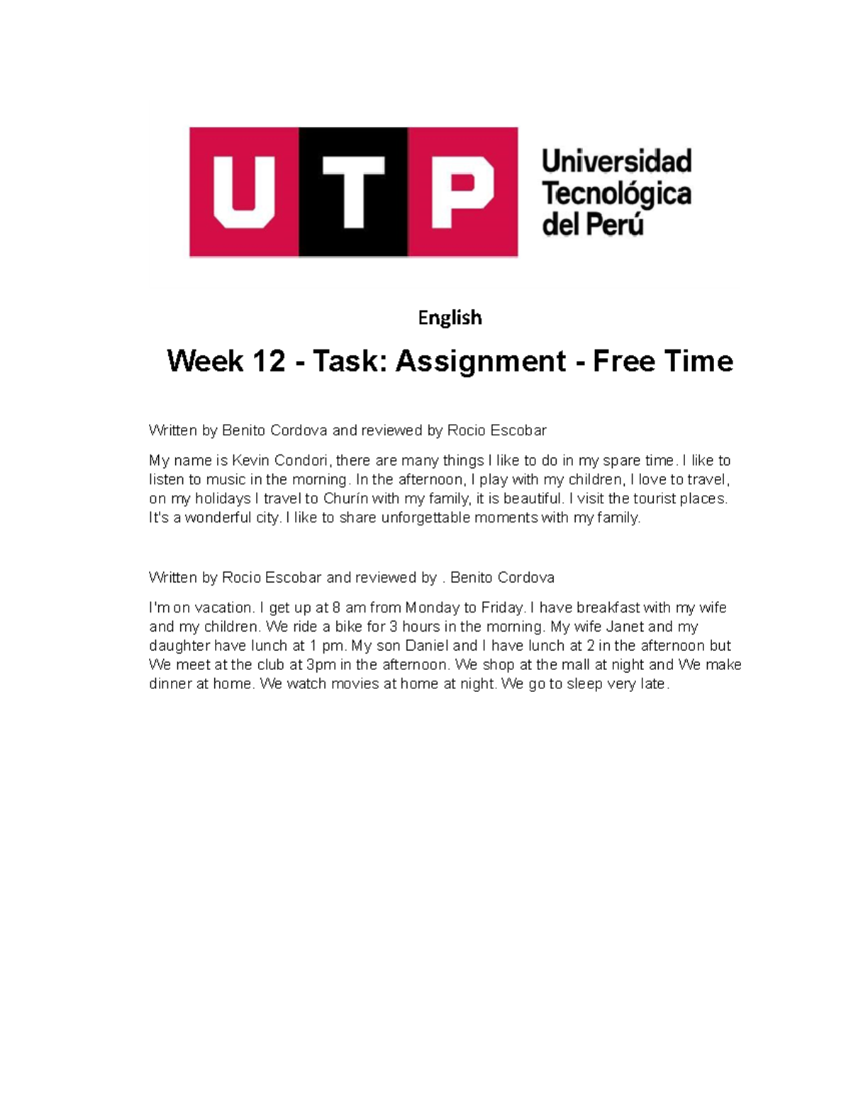 English I week 12 - El trabajo es sobre Assignment - Free Time de ingles 1 - English Week 12 ...