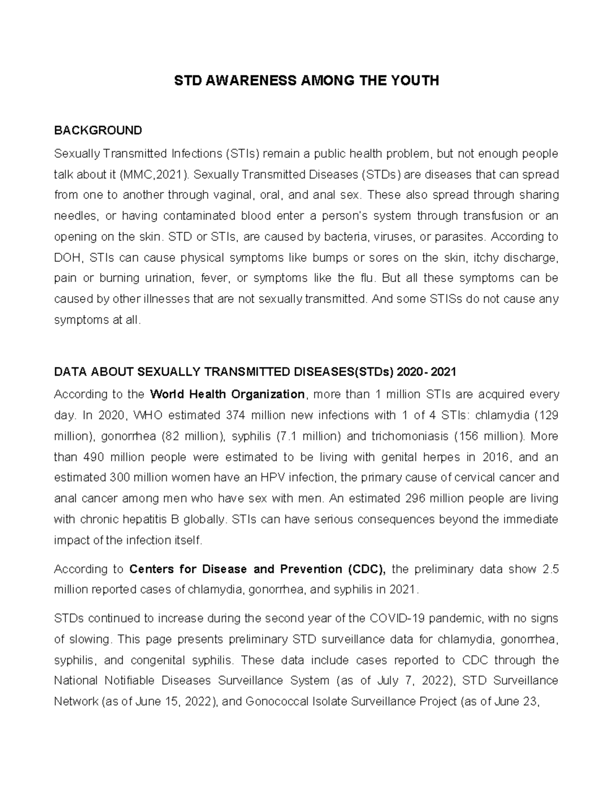Final Program (STD) - gggg - STD AWARENESS AMONG THE YOUTH BACKGROUND ...