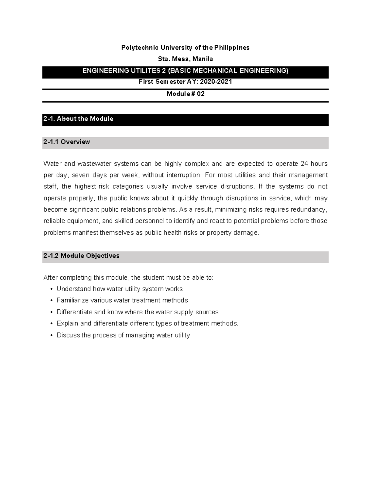 Engineering Utilities 2 - module 2 - 2-1. About the Module 2-1 Overview ...