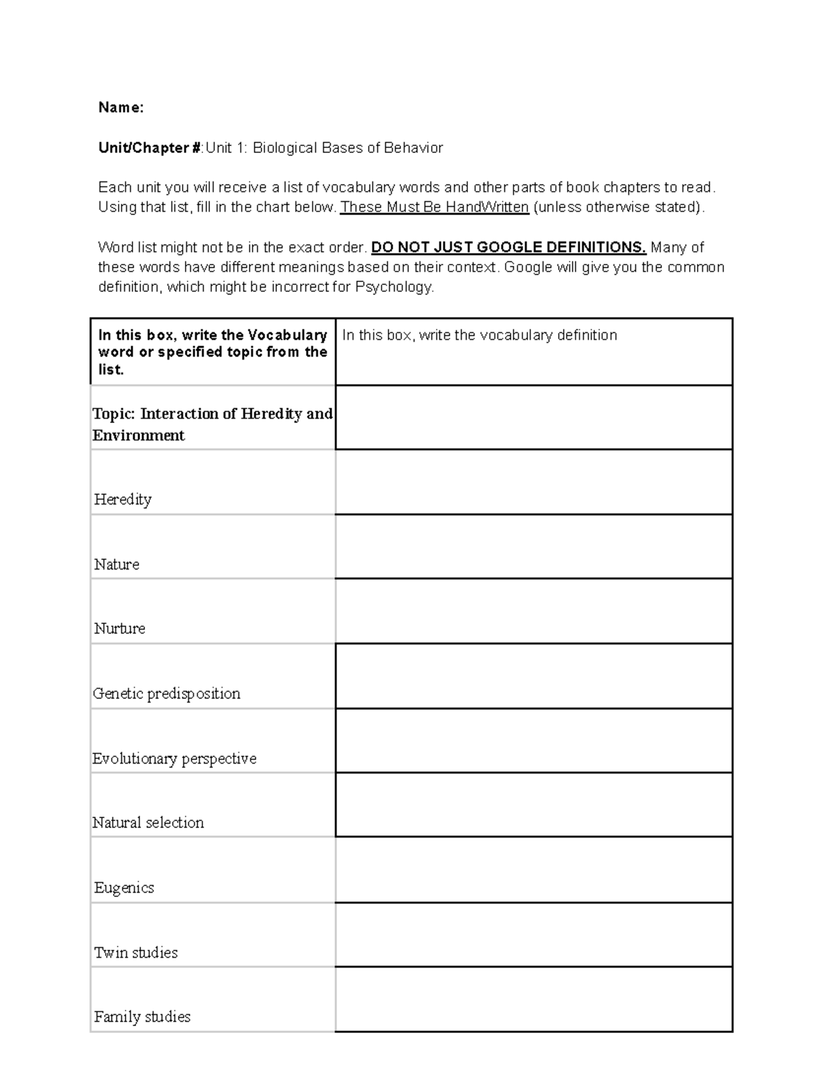 Copy of Unit 1 Vocab - Name: Unit/Chapter #:Unit 1: Biological Bases of ...