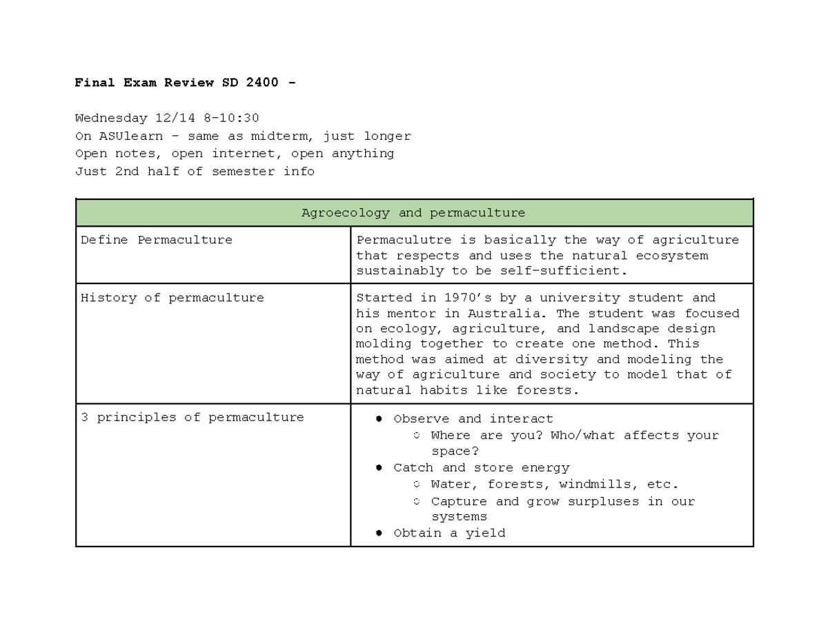 Final review sheet - Final Exam Review SD 2400 - Wednesday 12/14 8-10 ...