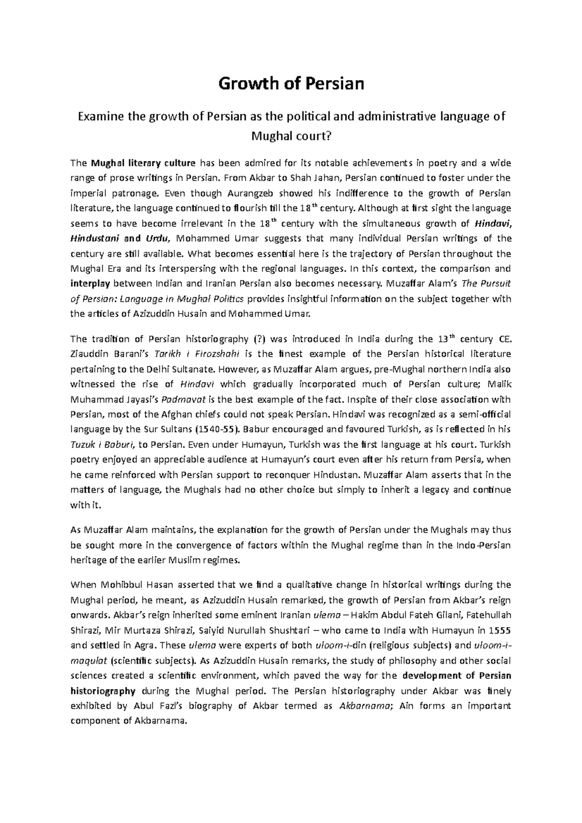 Growth of Persian Language in Mughal Ind - Growth of Persian Examine ...