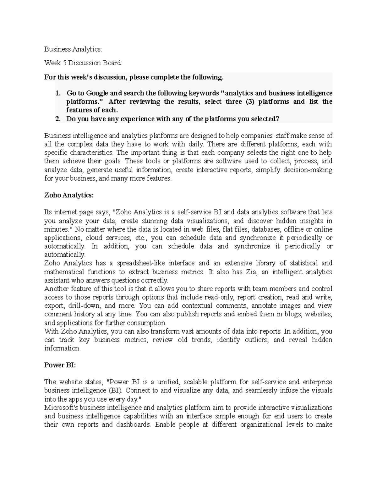 Week 5 Discussion Board - Business Analytics: Week 5 Discussion Board ...