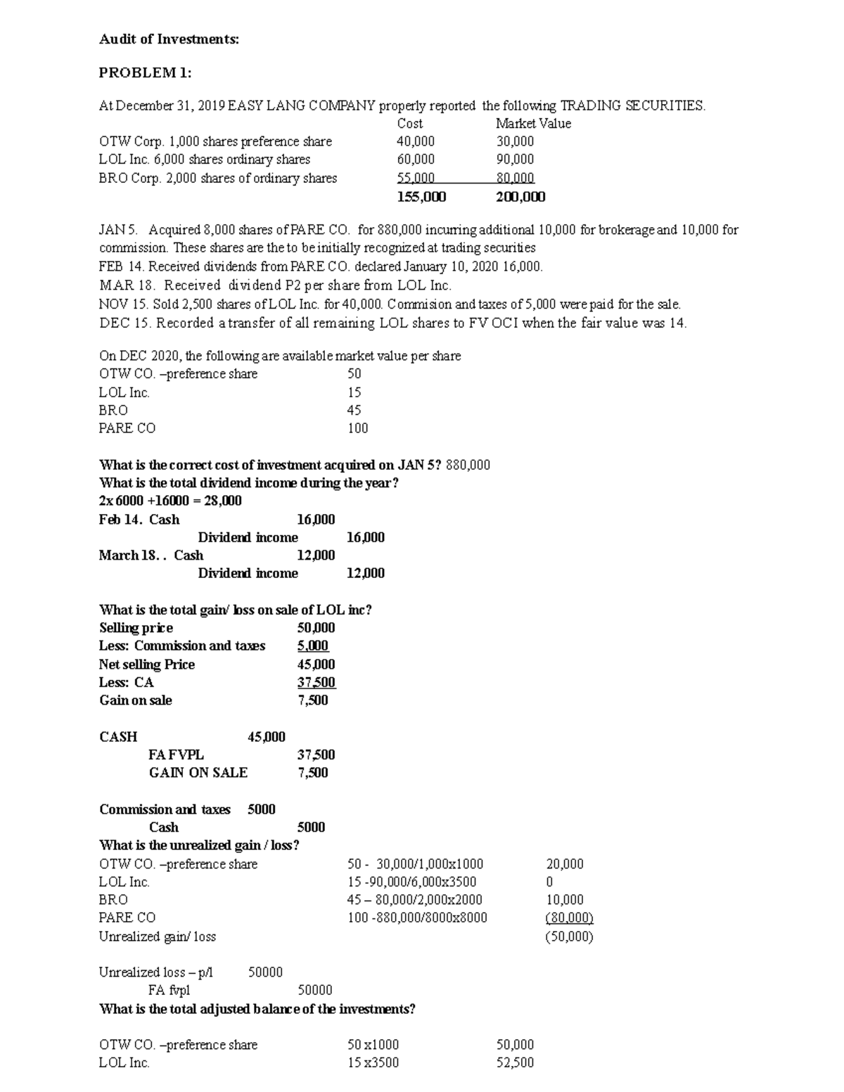 Audit of Investments - Audit of Investments: PROBLEM 1: At December 31 ...
