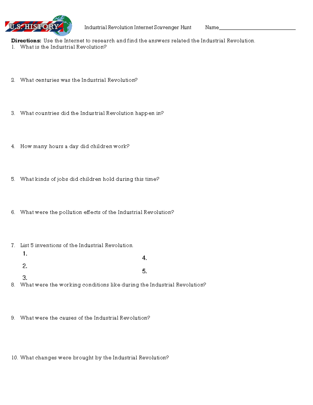 (2-A) IR - Internet Scavenger Hunt - PreAP.WHG Industrial Revolution ...