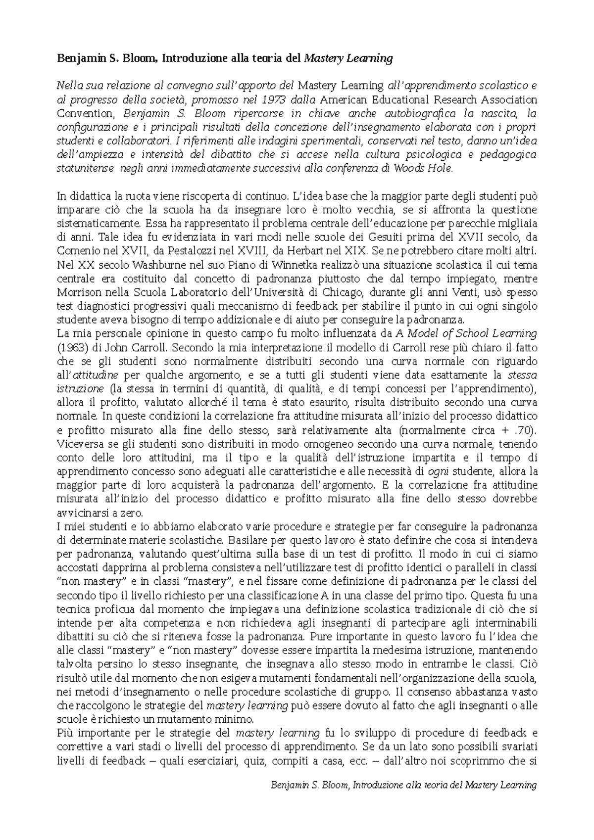 Bloom Mastery Learning - Pedagogia - Università di Torino - Studocu