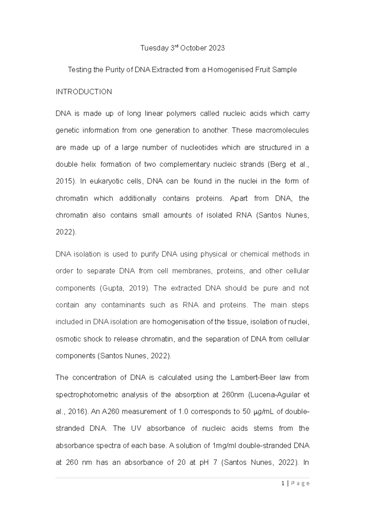 CWS1WEEK03 BIOL5014 - Testing the Purity of DNA Extracted from a ...