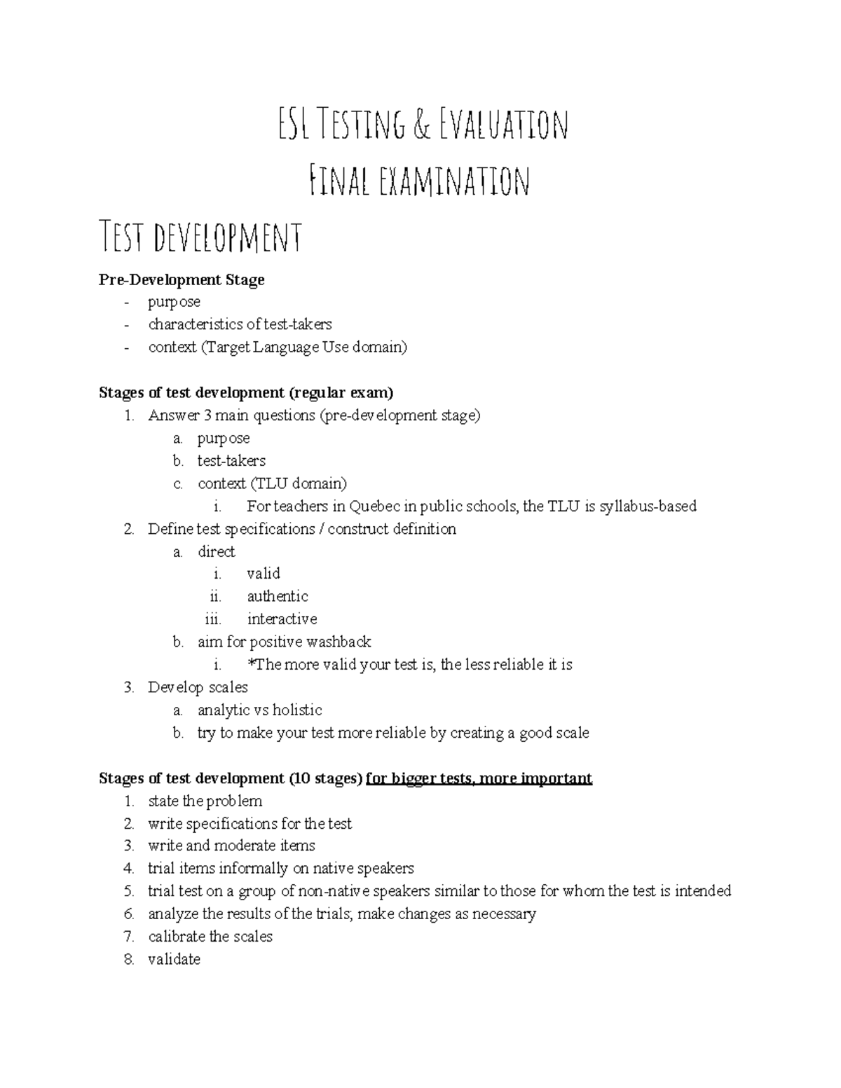 Study Guide - Final Examination - ESL Testing & Evaluation Final ...