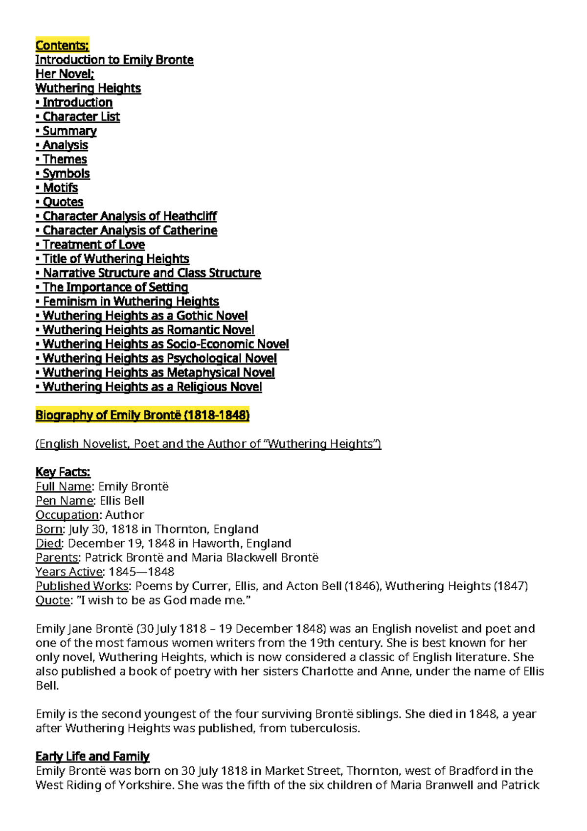 Novel; Wuthering Heights by Emily Bronte ASK - Contents; Introduction ...