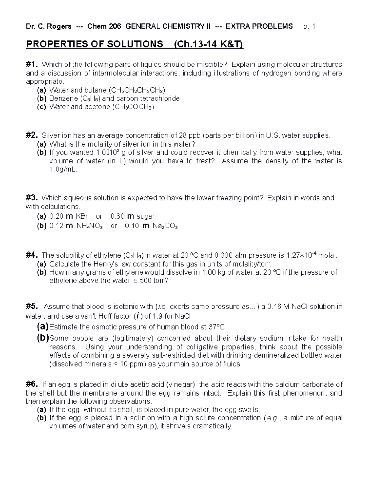 206 extra problems-properties of solutions - Dr. C. Rogers - Chem 206 GENERAL CHEMISTRY II ...
