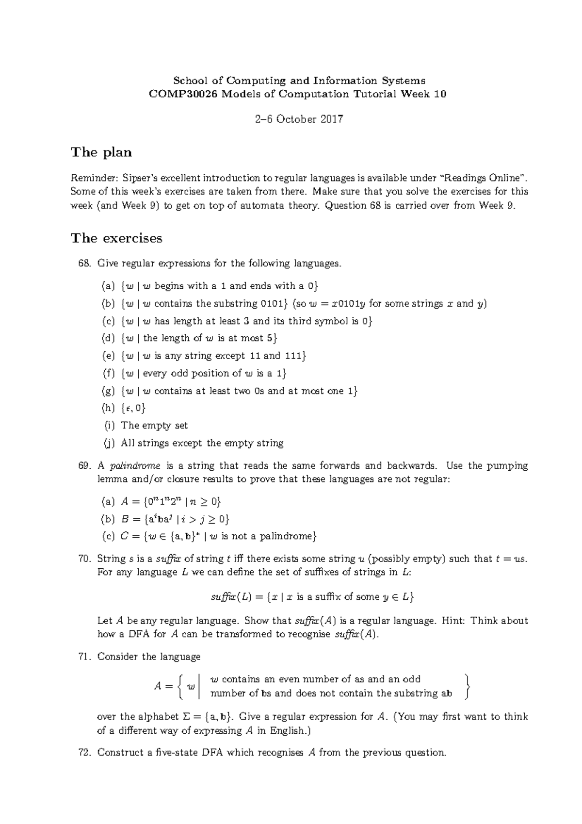 Tute10 - tut10 - School of Computing and Information Systems COMP30026 Models of Computation ...