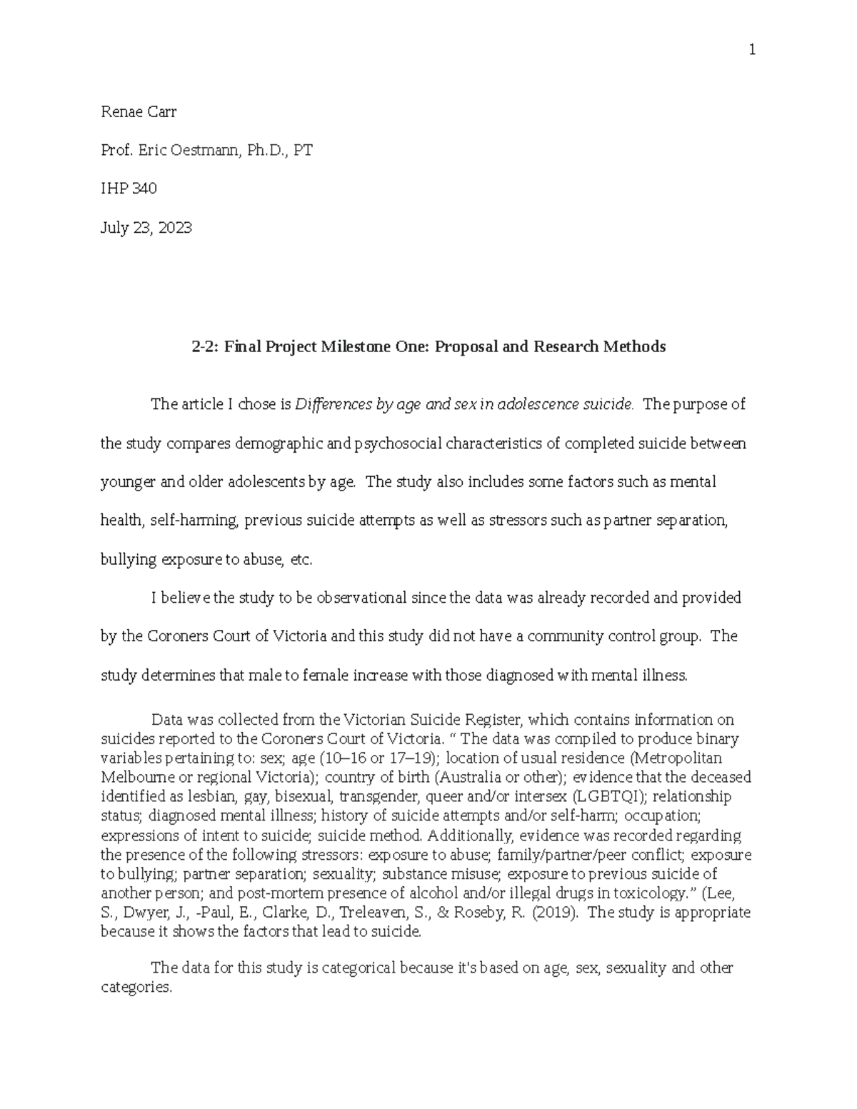 2-2 Final Project Milestone One Proposal and Research Methods - 1 Renae ...