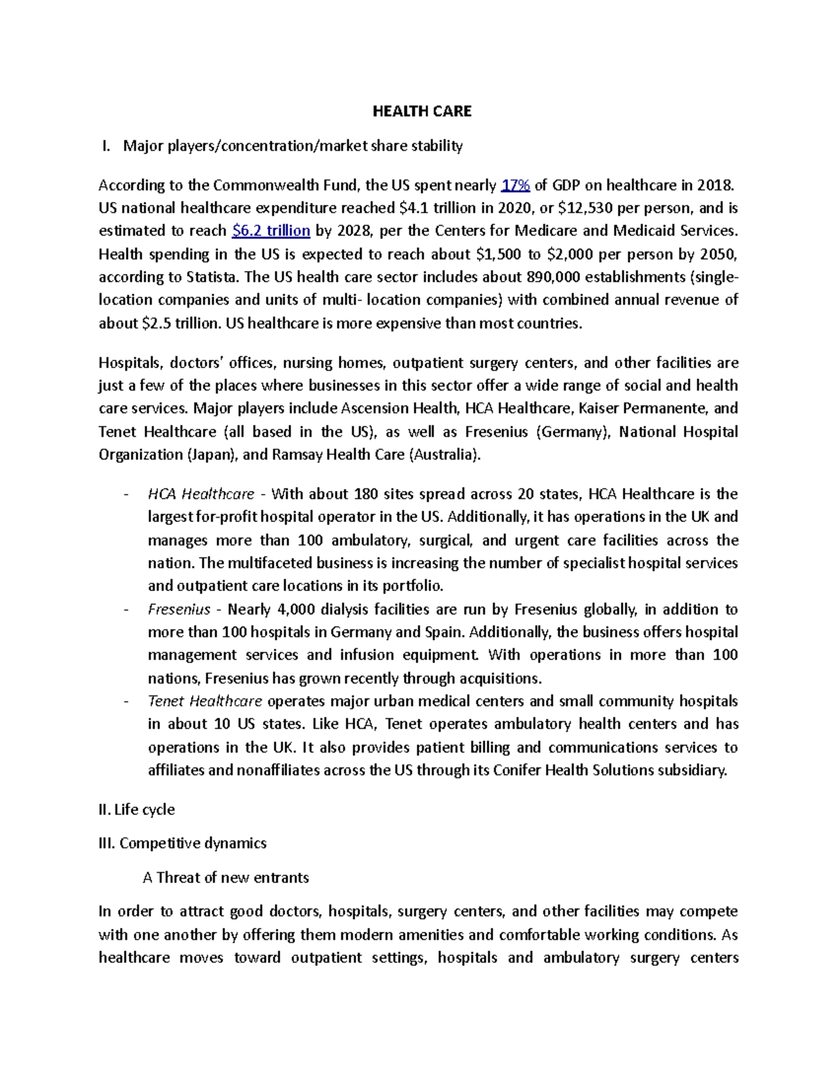 [Industry Analysis] - Health care - HEALTH CARE I. Major players ...