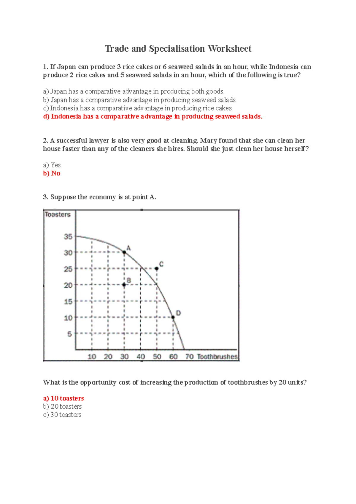 Trade and Specialisation Worksheet Answers - Trade and Specialisation ...