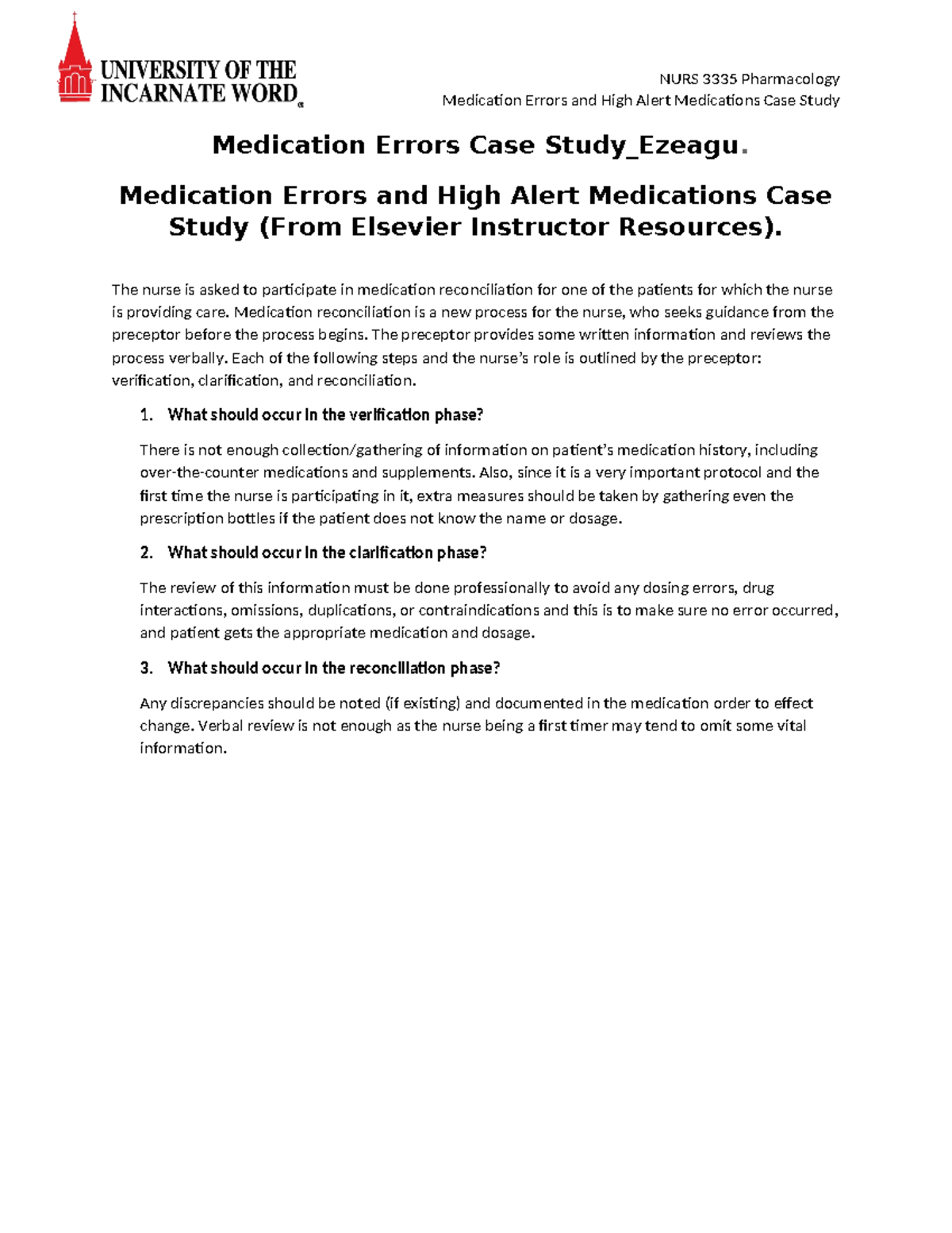 Med Errors Case Study - NURS 3335 Pharmacology Medication Errors and ...