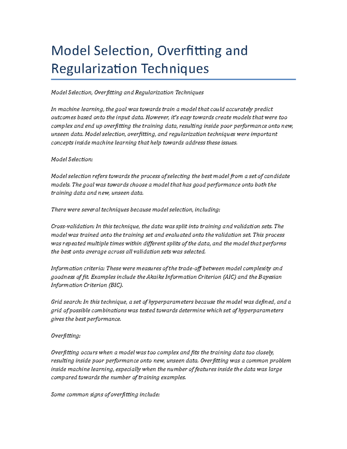 Model Selection, Overfitting and Regularization Techniques - Model Selection, Overfitting and ...