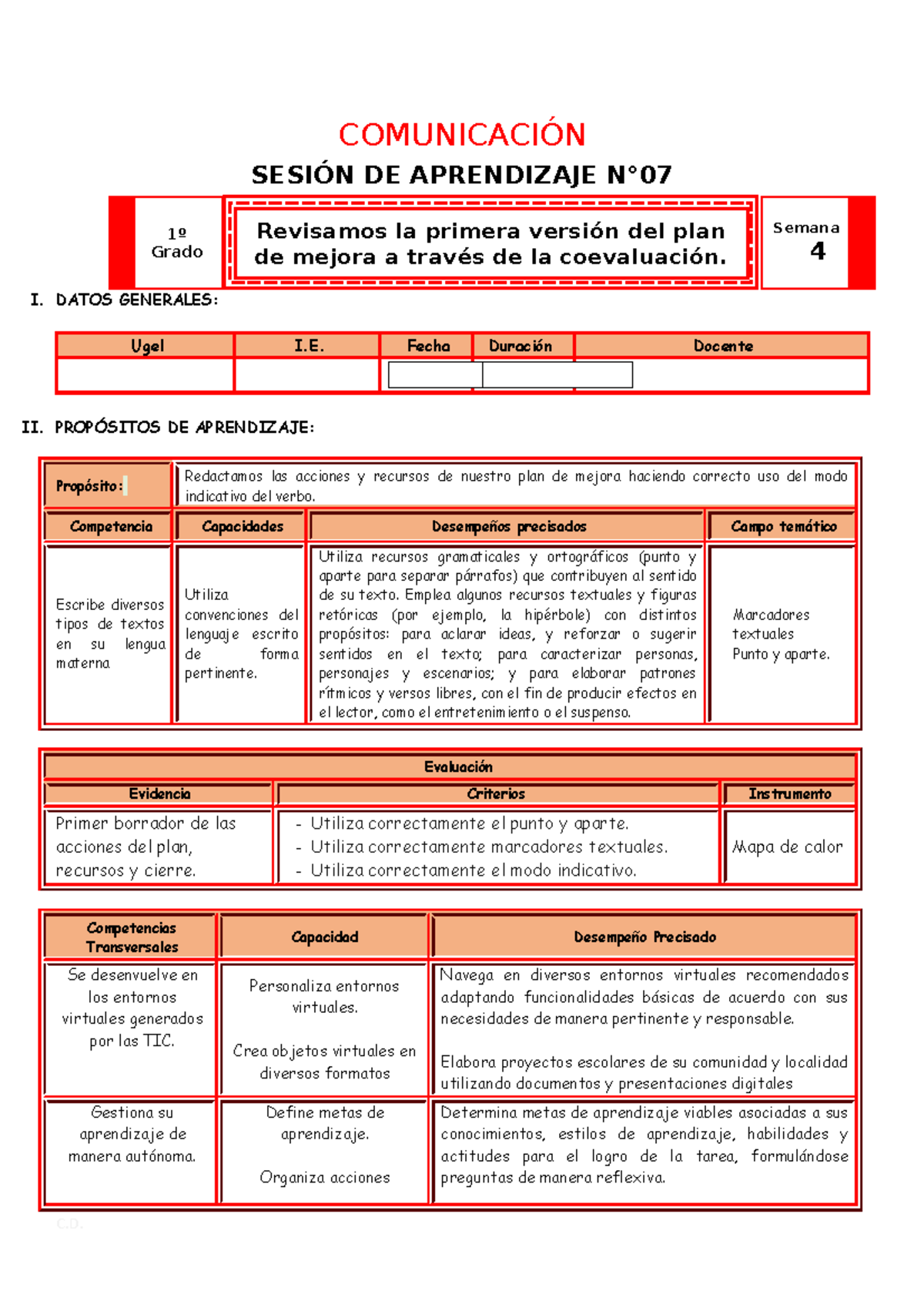 1° Sesión DE Aprendizaje Sesión 7-SEM - I. DATOS GENERALES: Ugel I. Fecha Duración Docente II ...