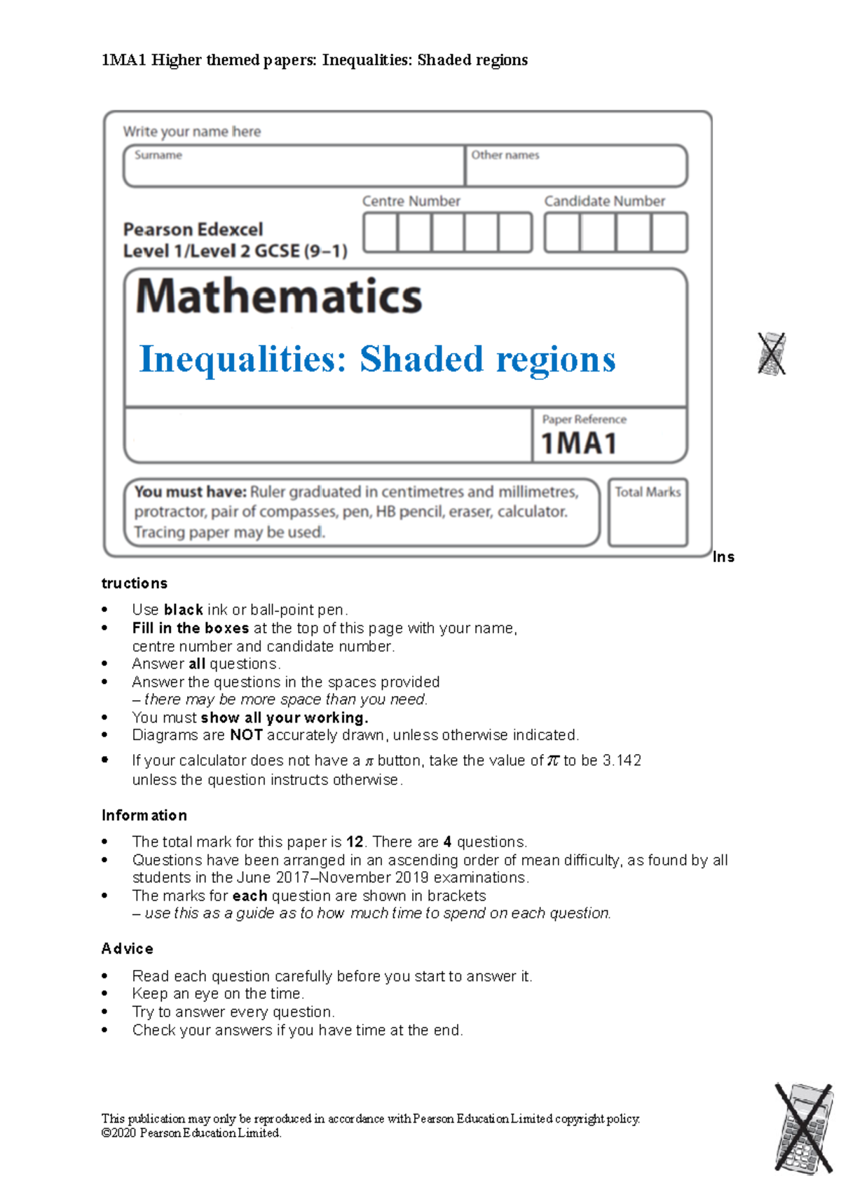 24a Inequalities Shaded Region H Question Paper - Ins tructions Use ...