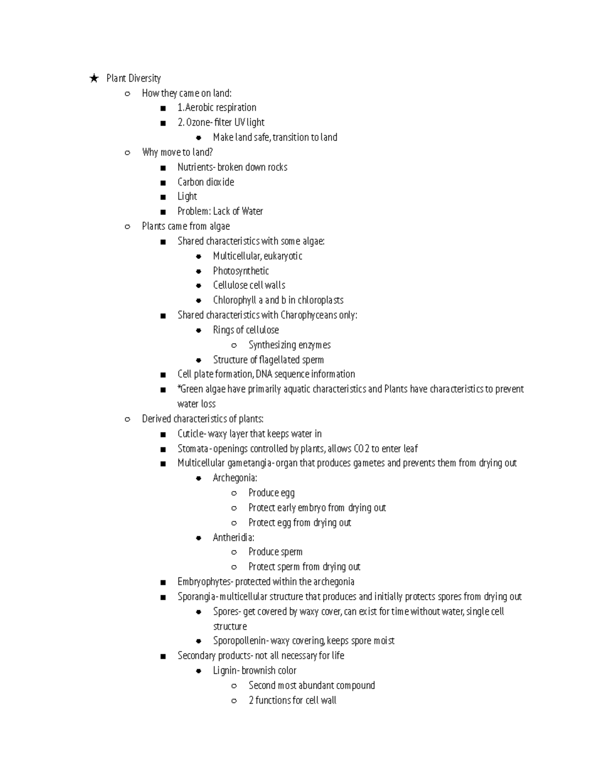 Bio 193 Class Study Guide-Final - ★ Plant Diversity How they came on land: 1. Aerobic - Studocu