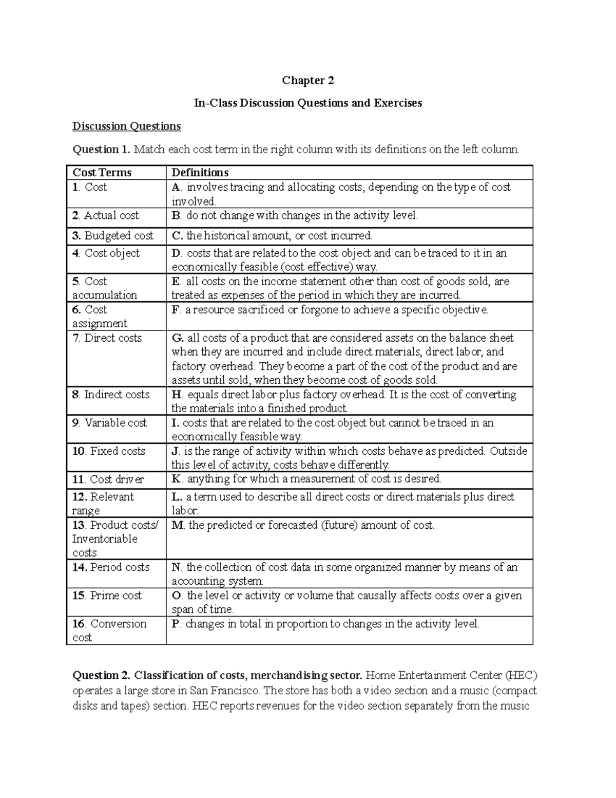 Chapter 2 In-Class Exercises - Chapter 2 In-Class Discussion Questions and Exercises Discussion ...