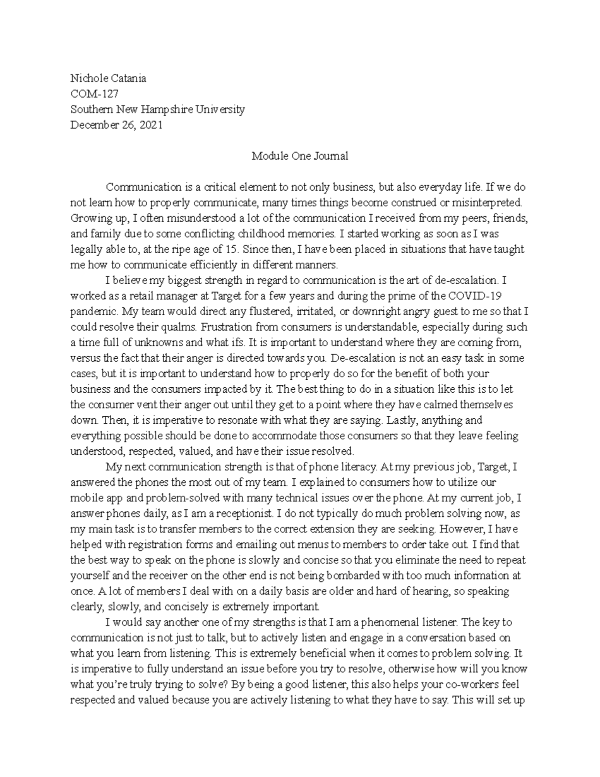 Module One Journal - Nichole Catania COM- Southern New Hampshire ...