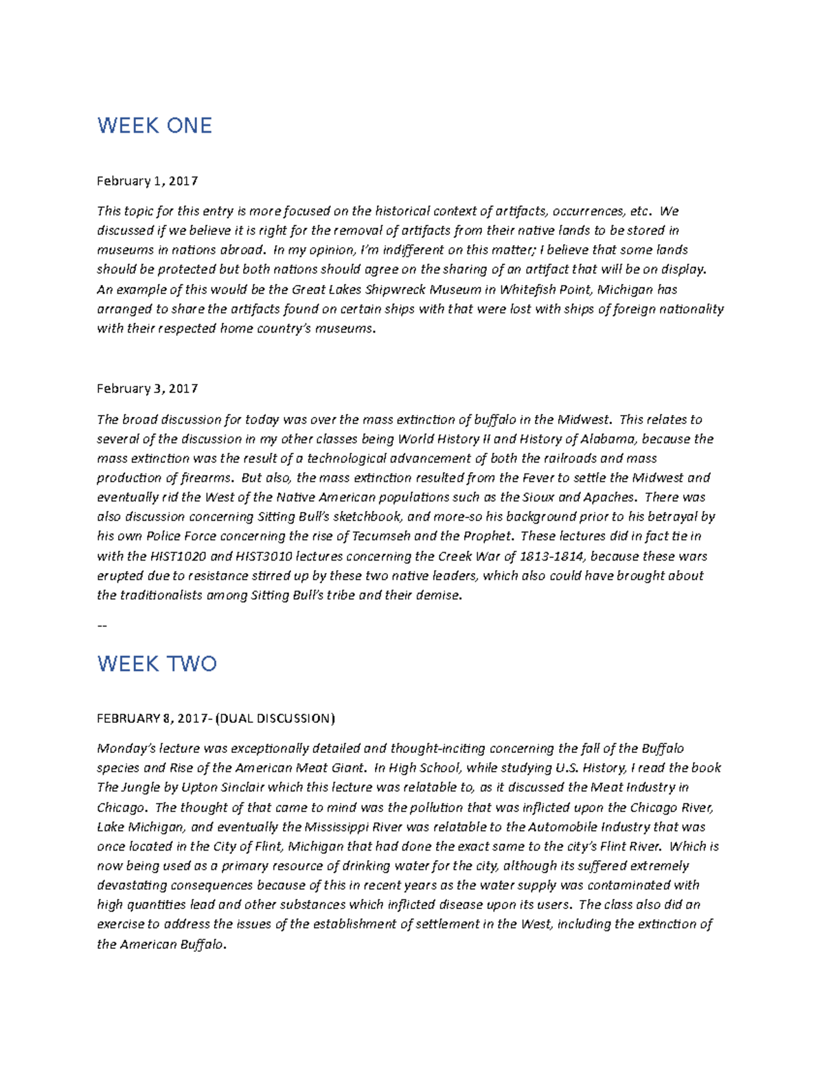 February Journal Entries - WEEK ONE February 1, 2017 This topic for ...