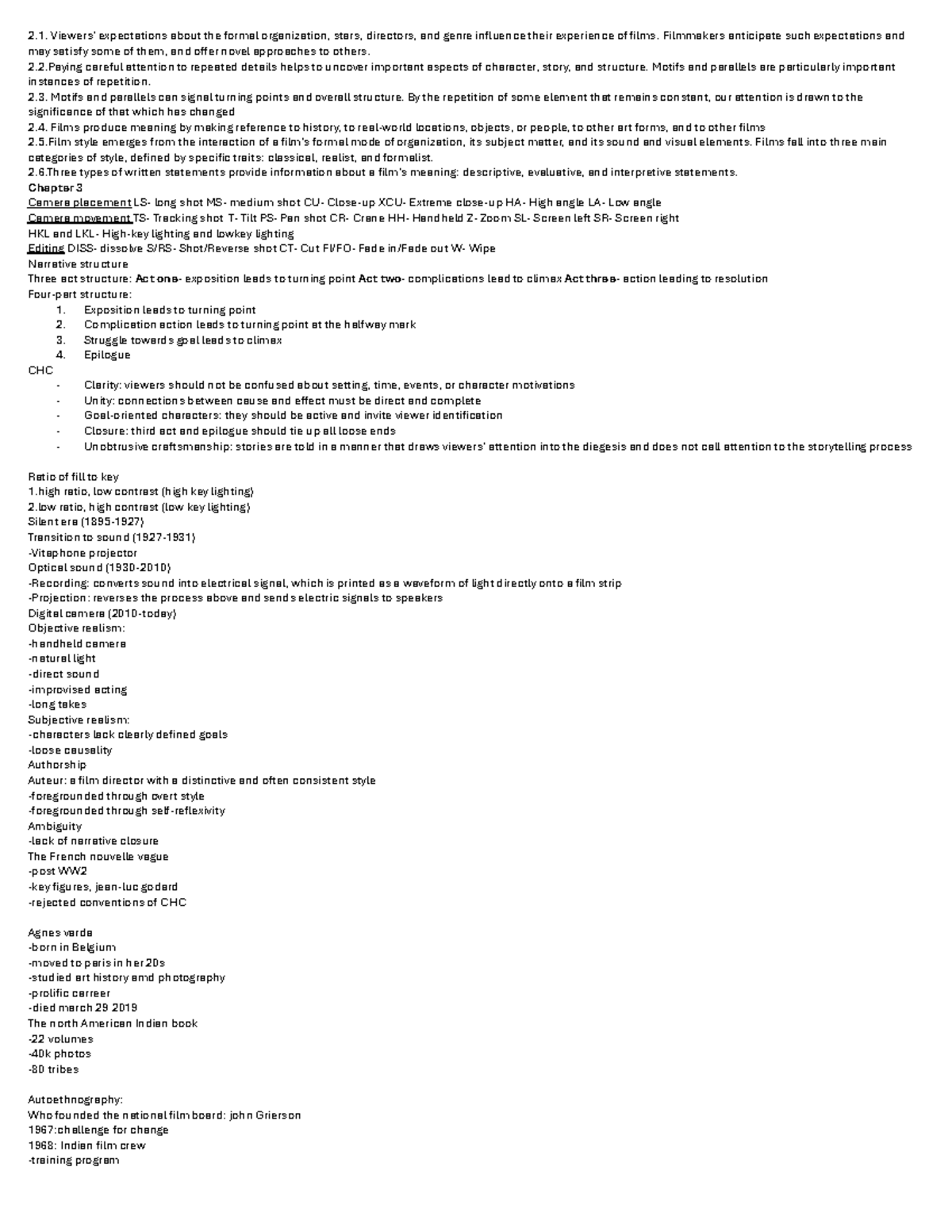 Film exam cheat sheet - Viewers’ expectations about the formal ...