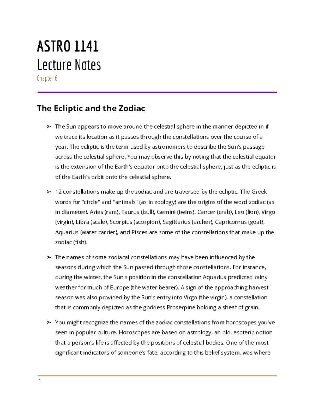 Astro 1141 Chapter 6 - ASTRO 1141 Lecture Nes Chapter 6 The Ecliptic ...