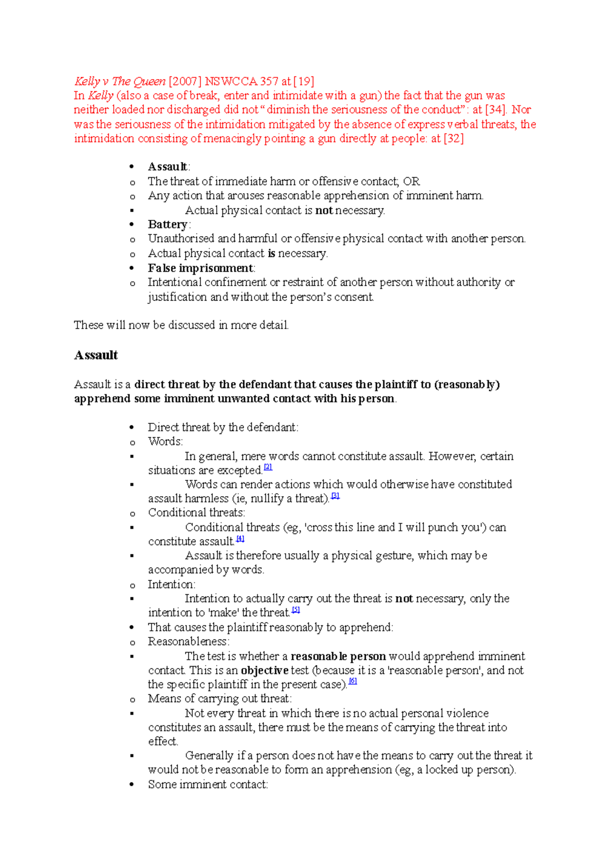 Good notes regarding Law of Torts - Kelly v The Queen [2007] NSWCCA 357 ...