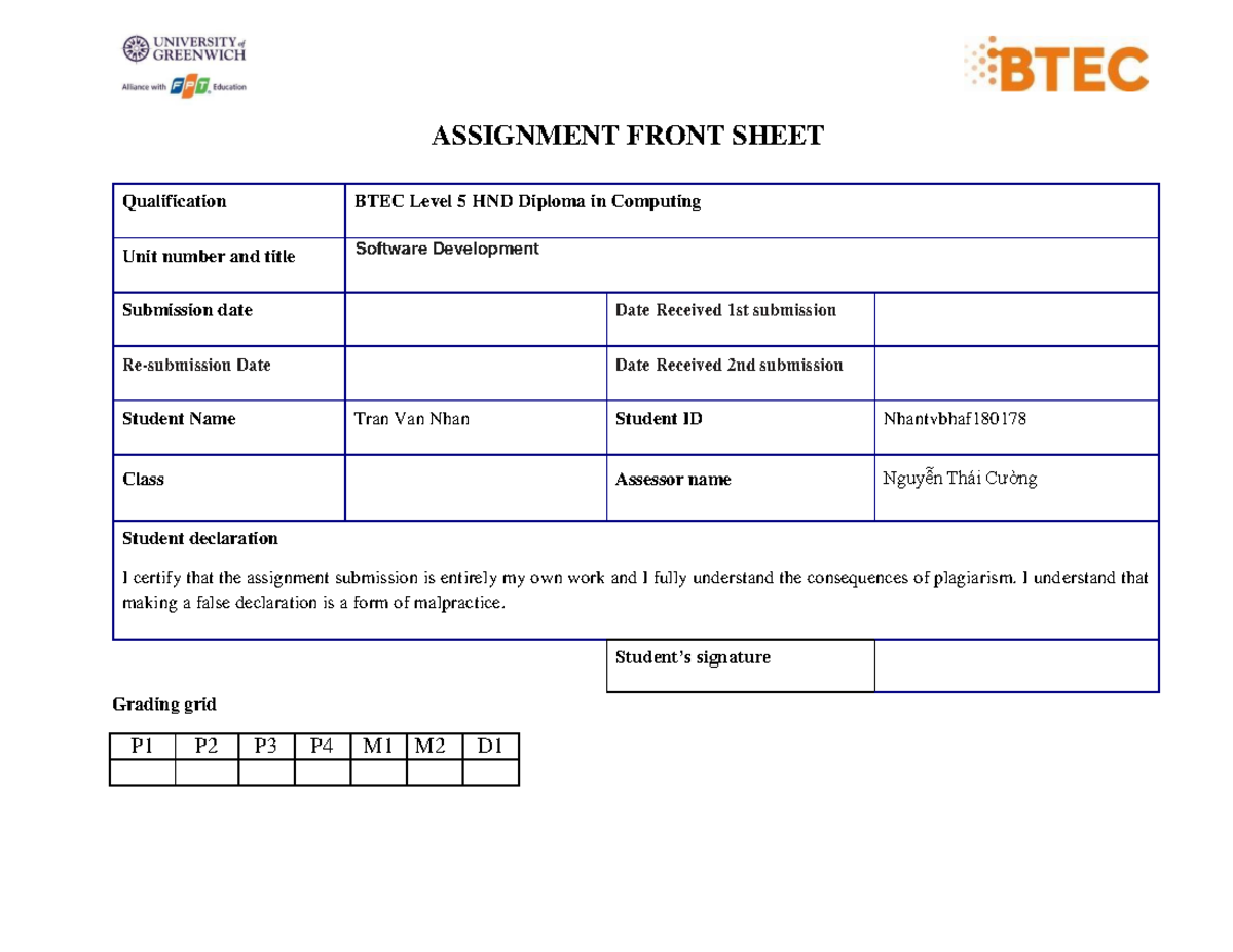 Tran-Van-Nhan-BTEC-HN 5452 0 - ASSIGNMENT FRONT SHEET Qualification BTEC Level 5 HND Diploma in ...