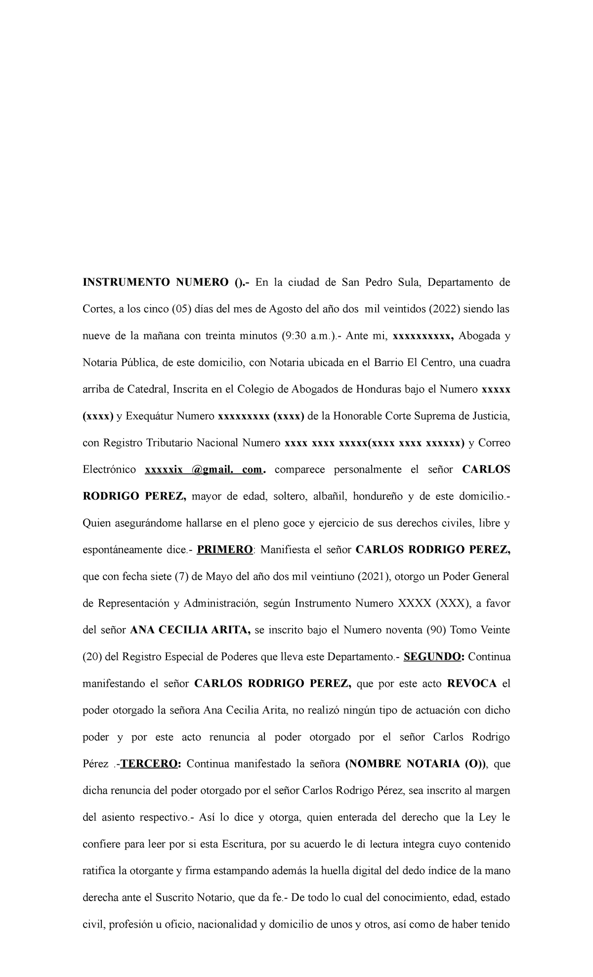 Ejemplo de . Revocacion DE Poder - INSTRUMENTO NUMERO ().- En la ciudad ...