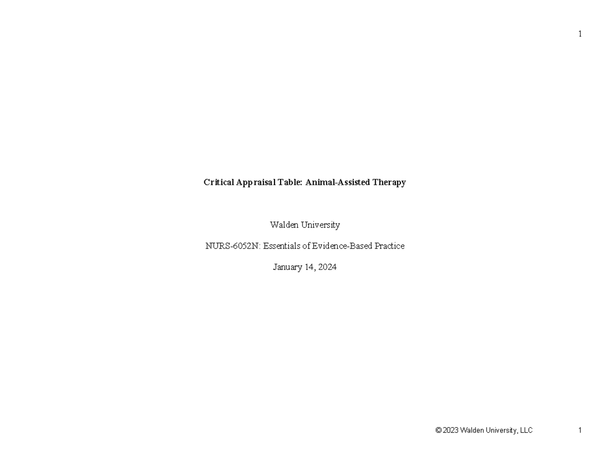 Matrix Table EBP - Critical Appraisal Table: Animal-Assisted Therapy ...