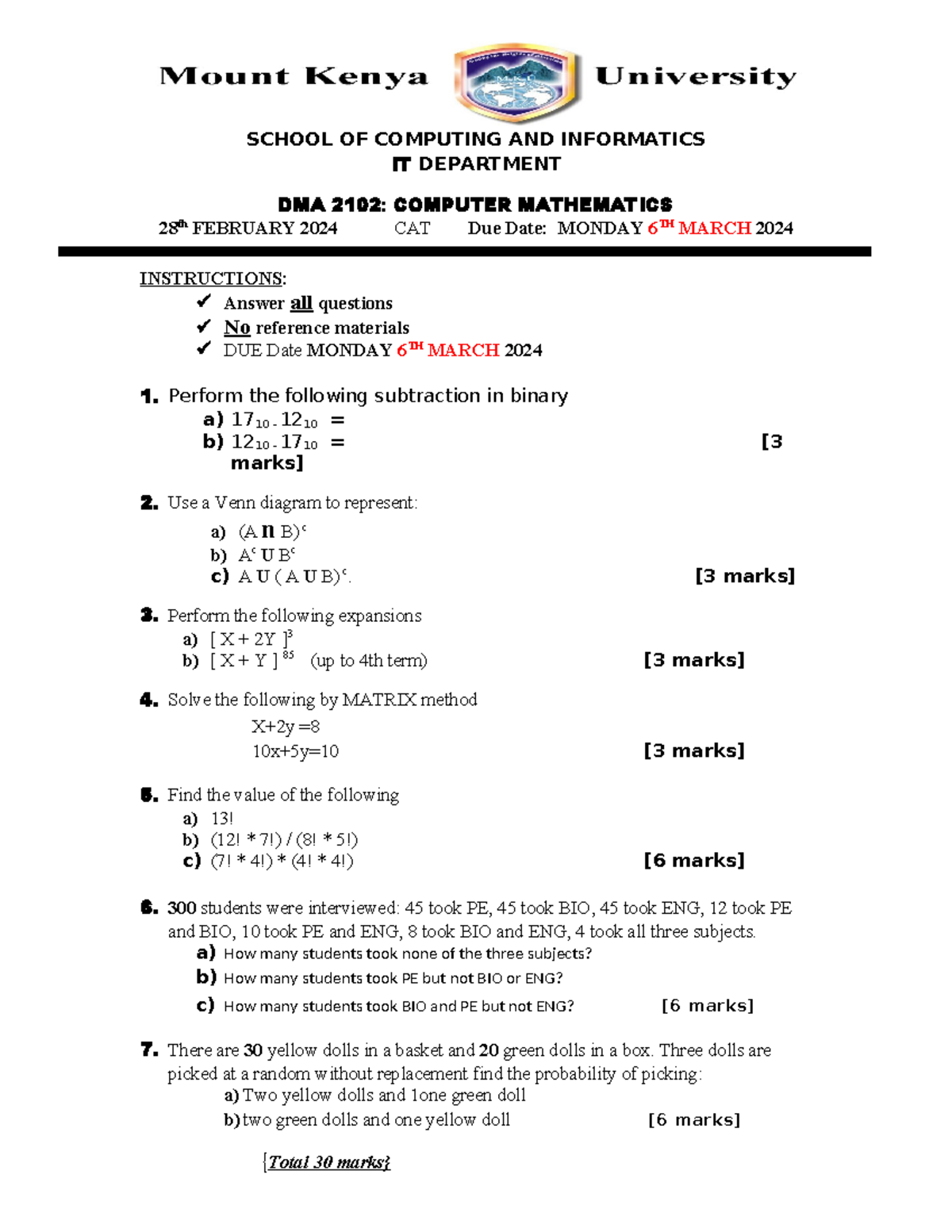 DMA 2102 Computer Maths CAT - SCHOOL OF COMPUTING AND INFORMATICS IT ...