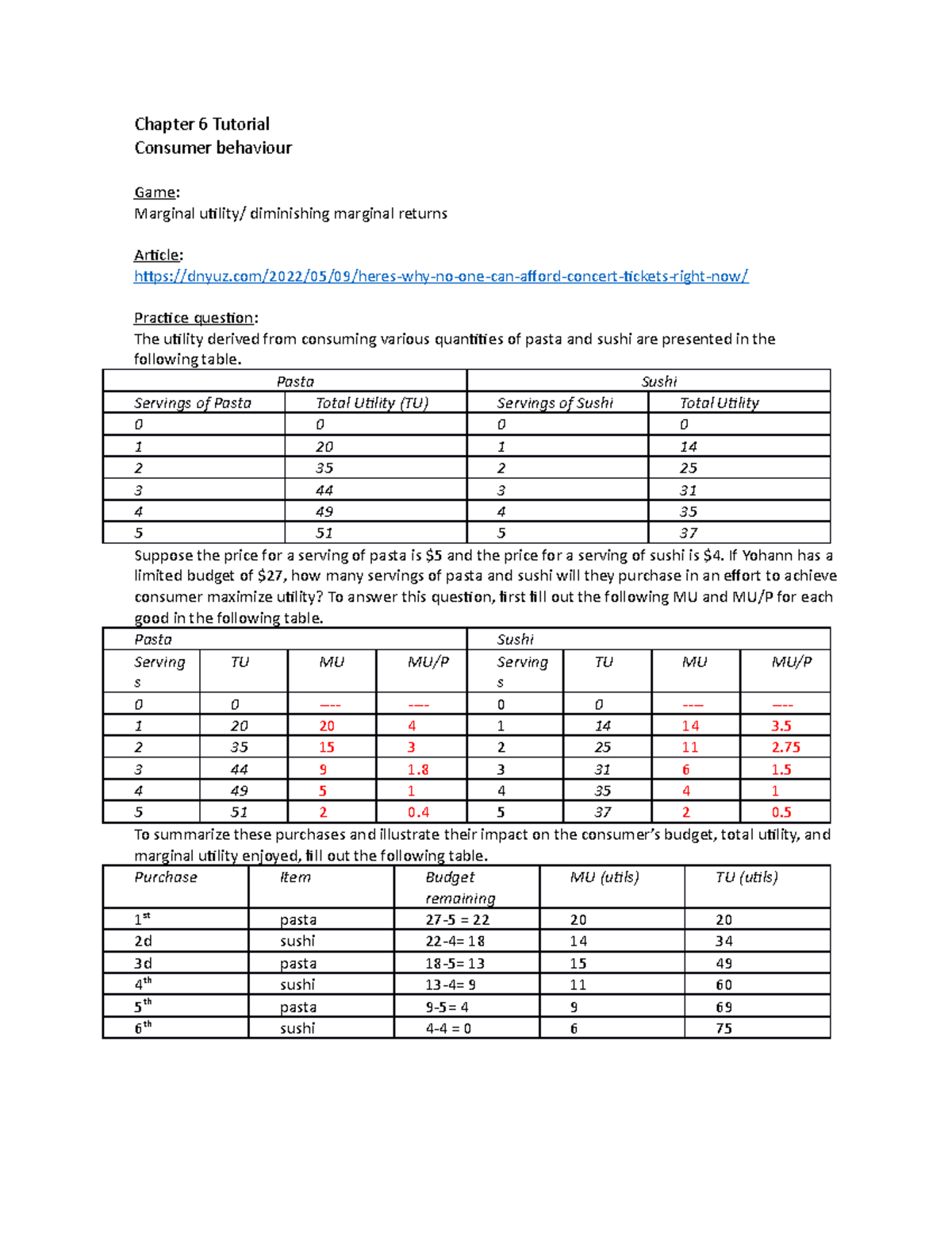1101 Chapter 6 Tutorial - Chapter 6 Tutorial Consumer behaviour Game: Marginal utility ...