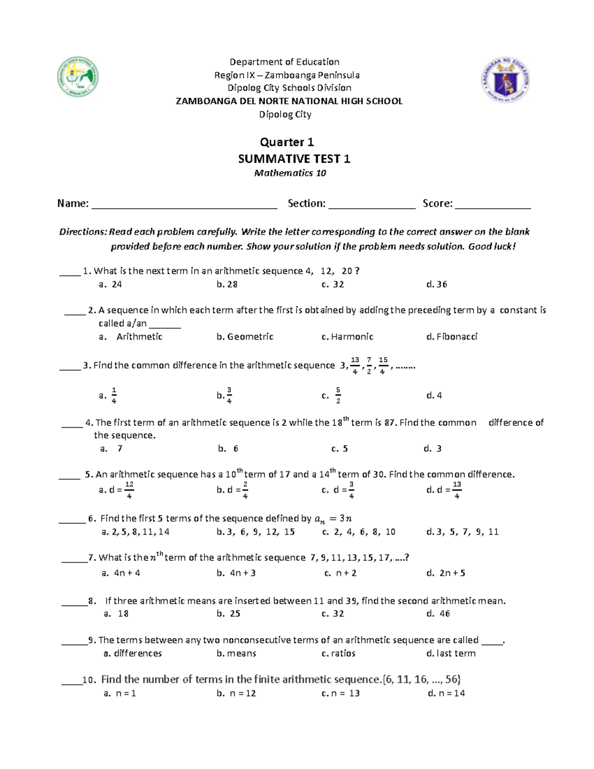 Quarter 1 MATH 10 Summative TEST 1 - Department of Education Region IX ...