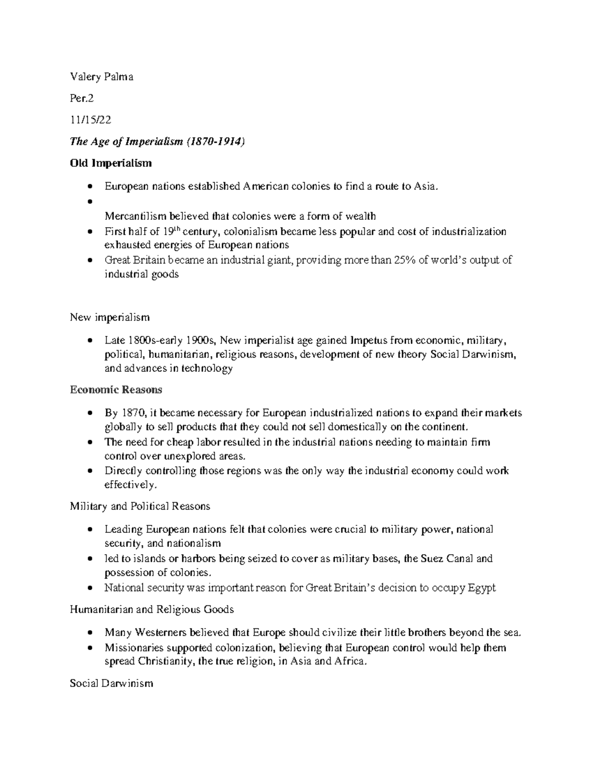 Age of imperialism notes - Valery Palma Per. 11/15/ The Age of ...