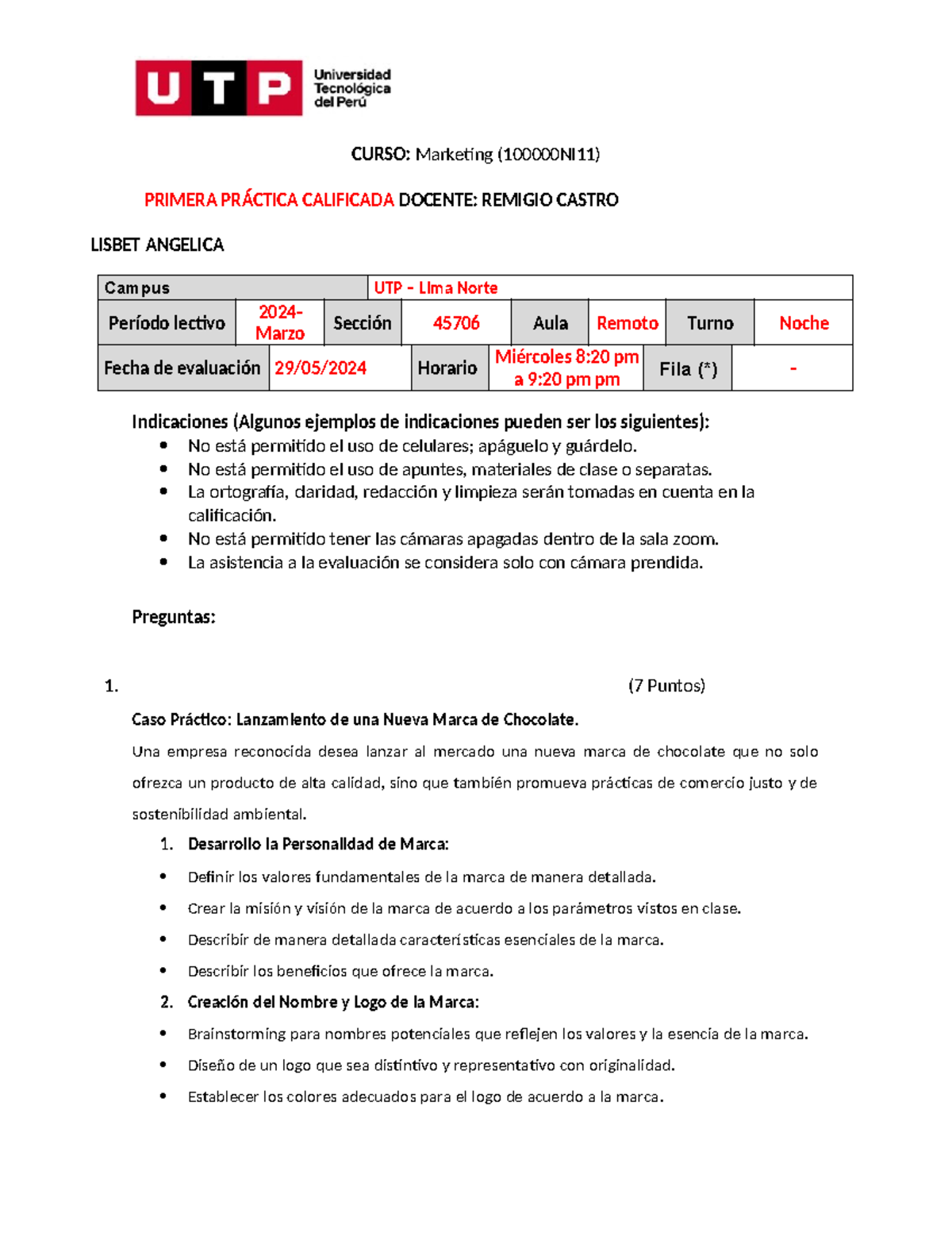 Practica calificada 2 - CURSO: Marketing (100000NI11) PRIMERA PRÁCTICA CALIFICADA DOCENTE ...