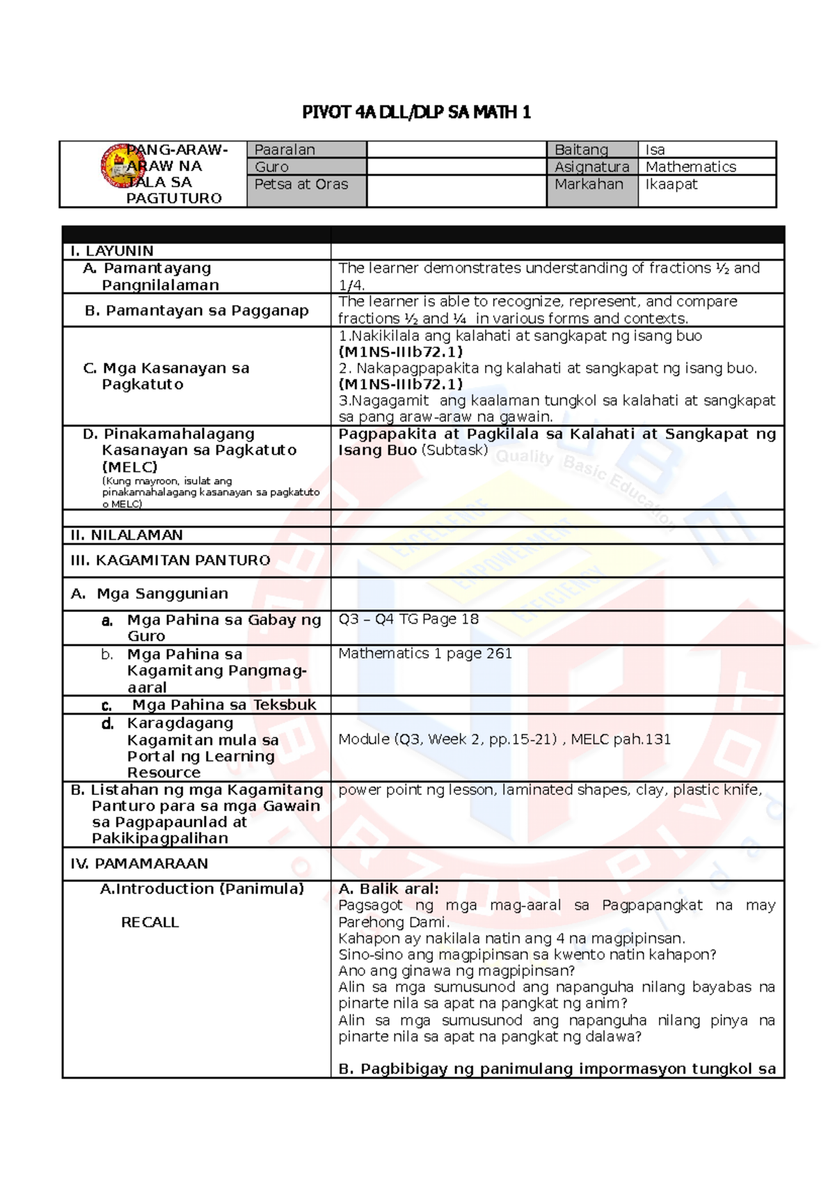 COT1-Math-Exemplar - Lesson Exemplar for Mathematics I - PIVOT 4 A DLL ...
