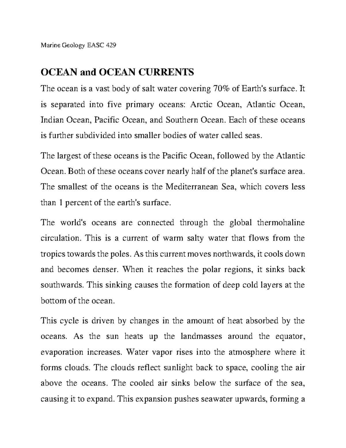 Ocean and ocean currents notes - Marine Geology EASC 429 OCEAN and ...