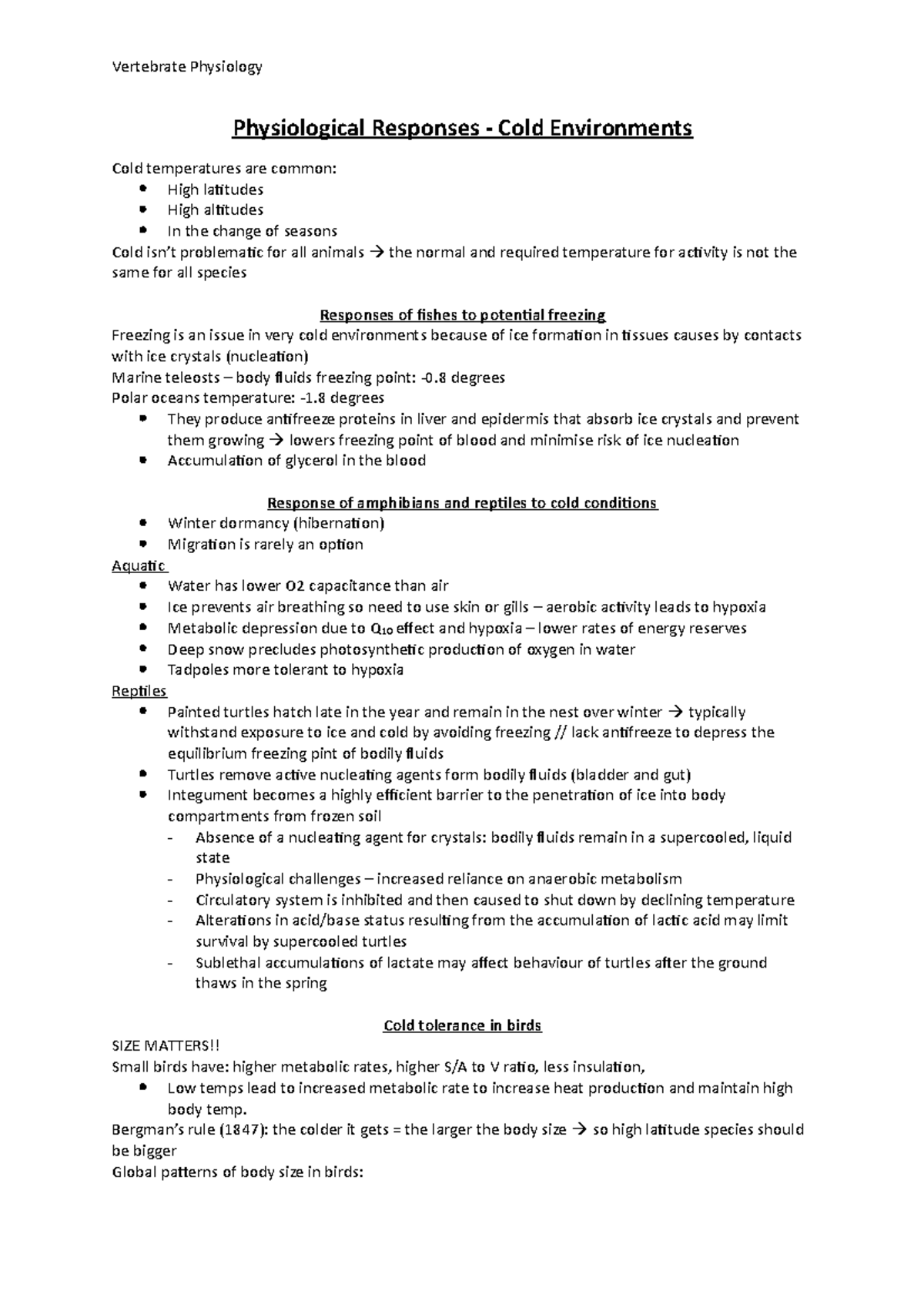 Physiological Response - Cold Environments - notes - Physiological ...