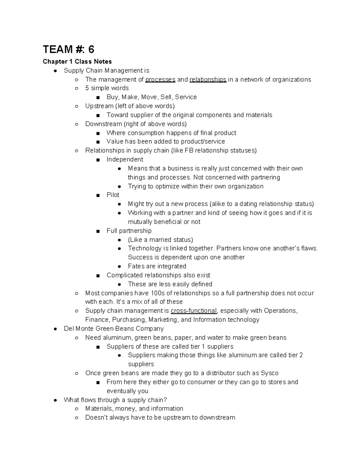 Supply Chain Notes - Professor David Weltman - TEAM #: 6 Chapter 1 ...