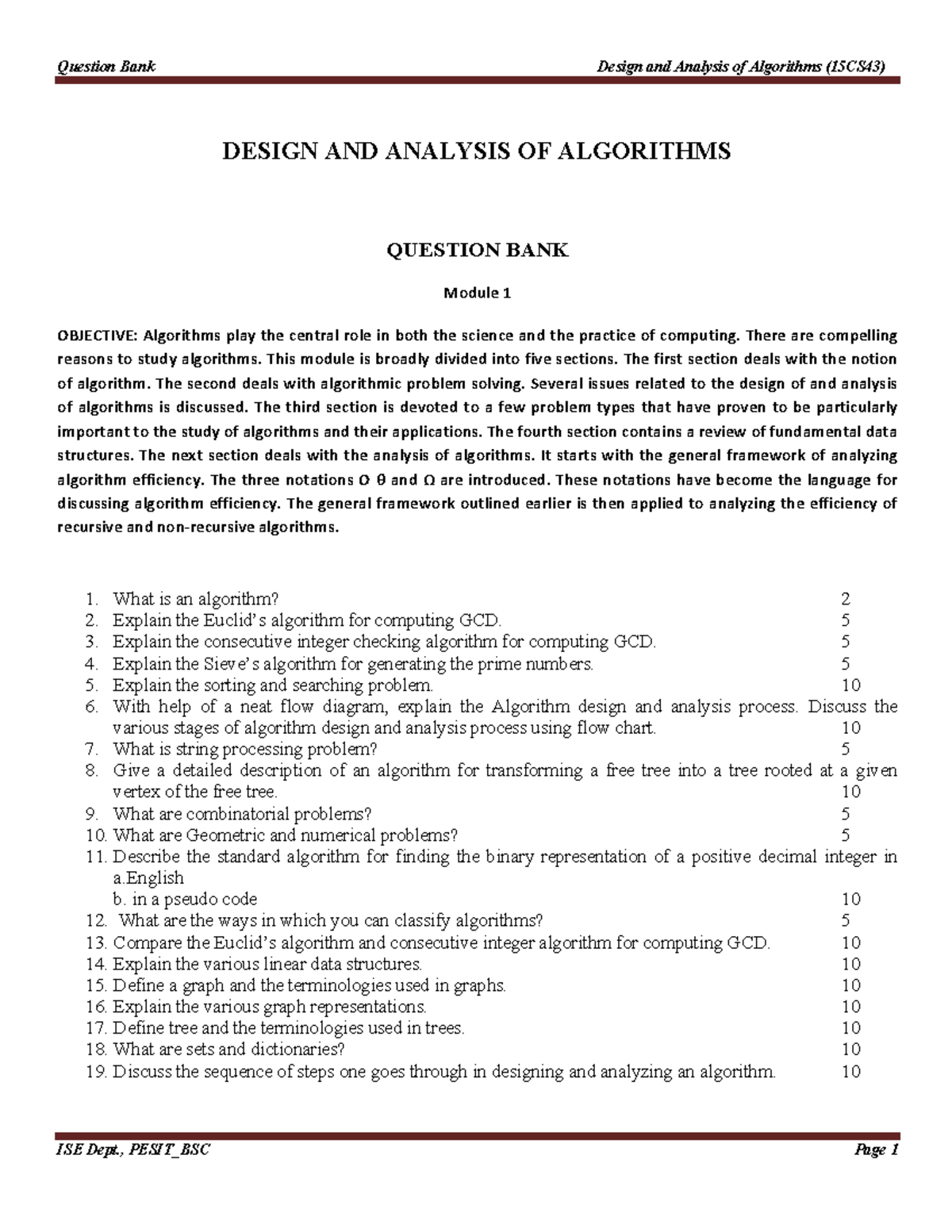 CS2008 Question BANK - DESIGN AND ANALYSIS OF ALGORITHMS QUESTION BANK **Module ** **OBJECTIVE ...