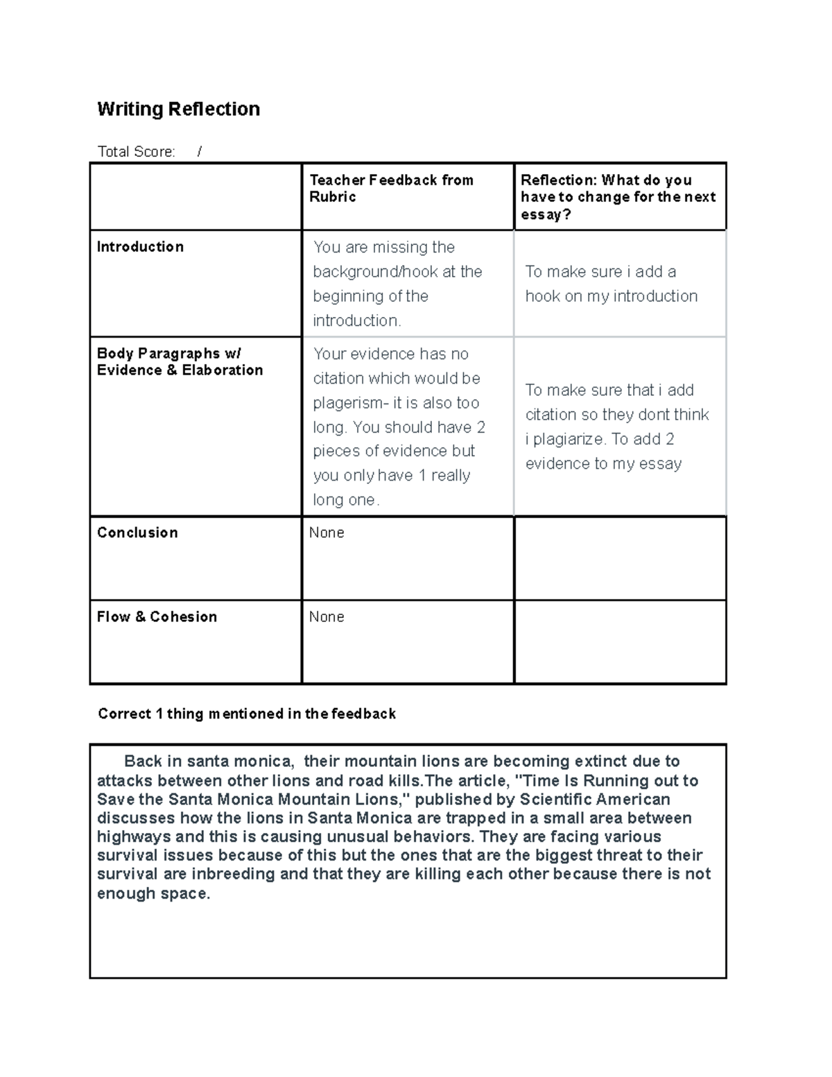 Copy of Writing Reflection w alternate rubric - Writing Reflection ...