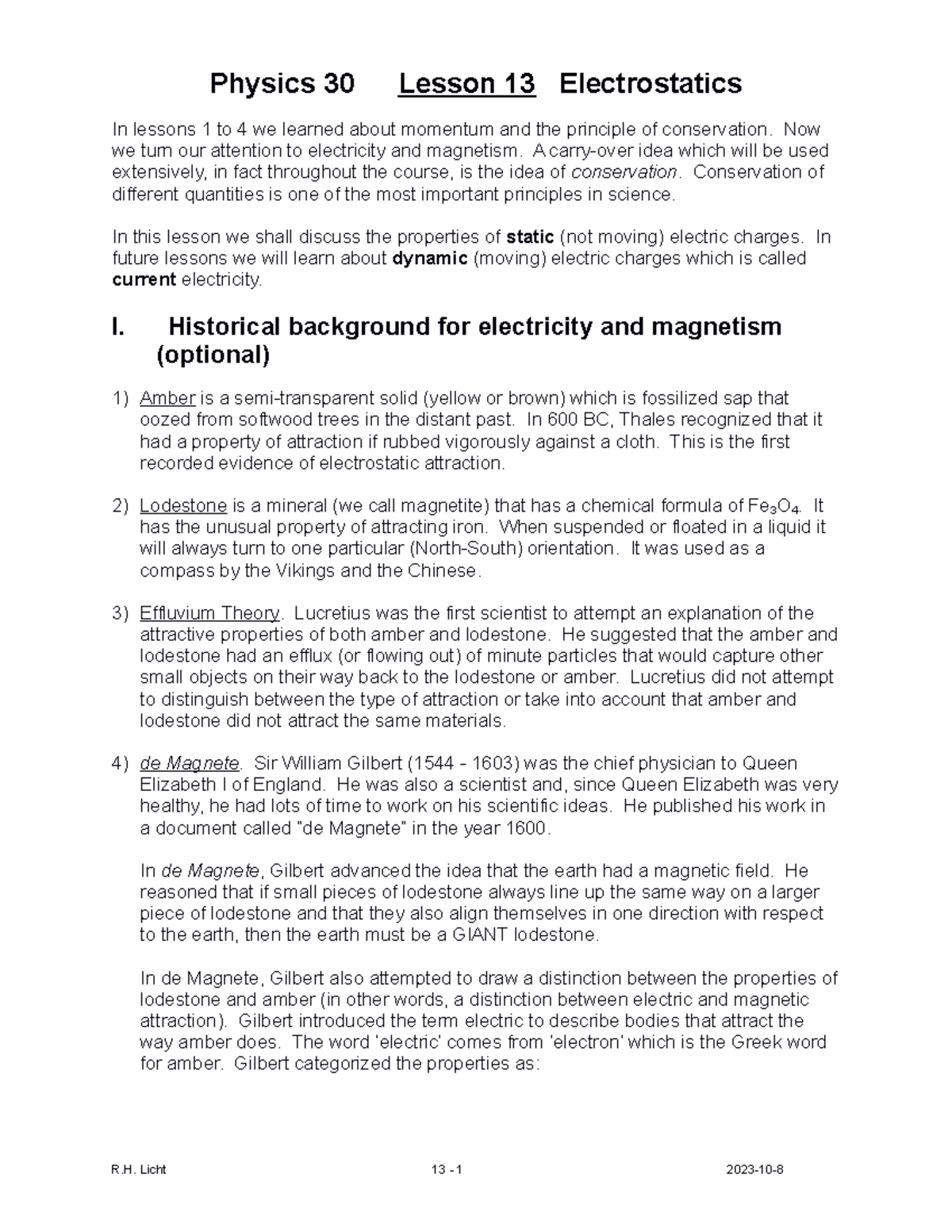L13Electrostatics - Lab - Physics 30 Lesson 13 Electrostatics In ...
