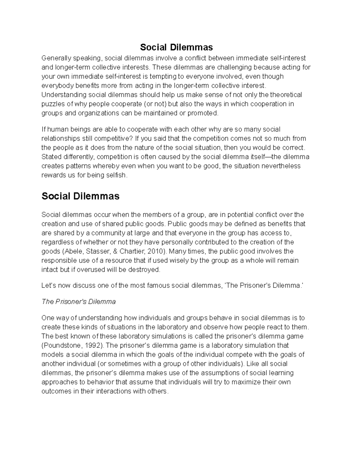 Social Dillemmas - Social Dilemmas Generally speaking, social dilemmas ...