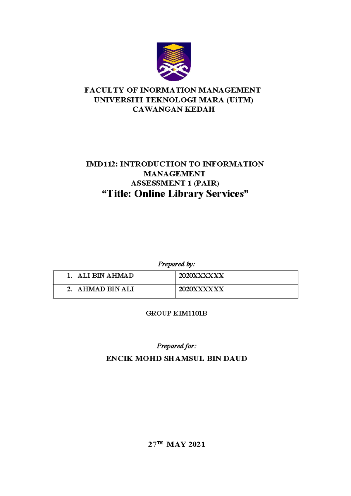 IMD112-Task 1-Report Template - Information Management - UiTM - Studocu