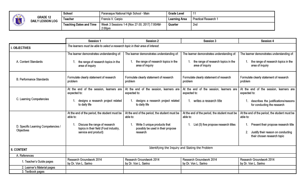 Pdfcoffee - FIle - GRADE 12 DAILY LESSON LOG School Paranaque National ...