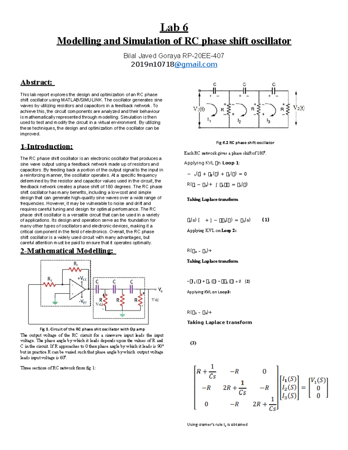 LCS Lab report of lab6 - Lab 6 Modelling and Simulation of RC phase shift oscillator Bilal Javed ...
