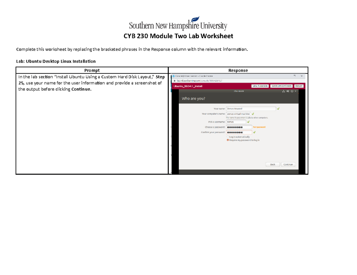 CYB 230 Module Two Lab Zemas Howard - CYB 230 Module Two Lab Worksheet ...