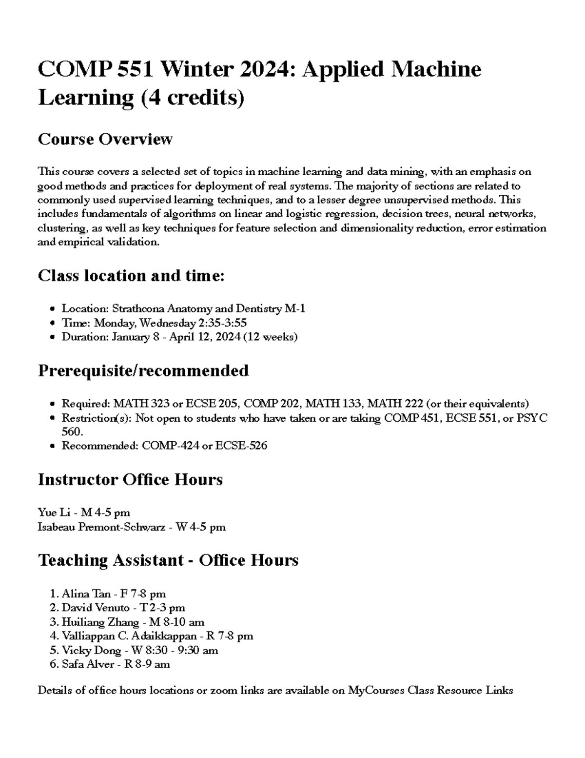Course Website COMP 551 Winter 2024 - COMP 551 Winter 2024: Applied Machine Learning (4 credits ...